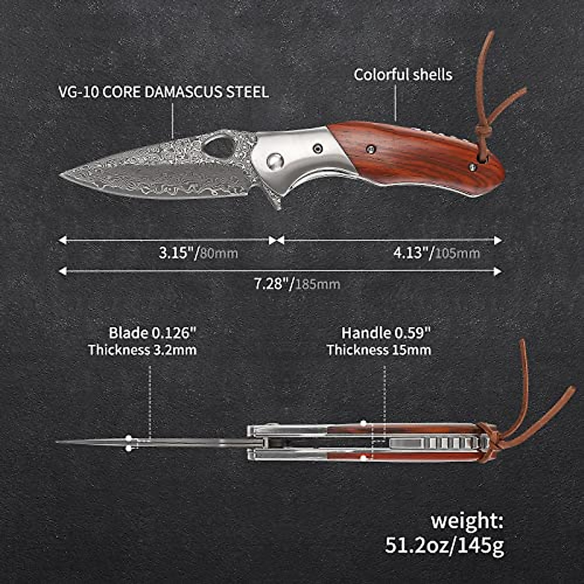 STANBIK Damascus Pocket Knife with Sheath,3.1 inch Damascus Steel Folding Knife，Sandalwood Handle,EDC Pocket Knives for Hiking Camping.