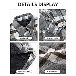 GRAPENT Women's Casual Oversized Boyfriend Plaid Button Down Long Sleeve Shirt Quilted Lined Flannel Shacket Jacket Coat Outerwear Grey Plaid Size Large Size 12 Size 14