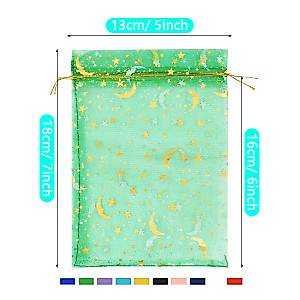 Renashed 100Pcs Moon Stars Sheer Organza Bags with Drawstring 10 Colors, Wedding Favor Bags Jewelry Gift Bags for Wedding Party Valentine's Day, Festival Organza Bags (5 * 7inch/ 13 * 18cm)