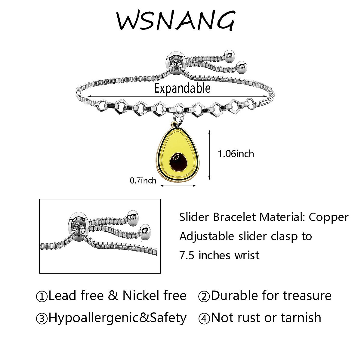 WSNANG Funny Avocado Slider Bracelet Avocado Jewelry Vegetarian Jewelry Gift for Avocado Lover (Silver Slider Bracelet)
