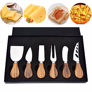 LGUIY 6-Piece Cheese Knife Set, Cheese Knives with Exquisite Box Cheese Slicer Cutters Fork Stainless Steel Slicer Wooden Handle Cheese Knife Gift Set