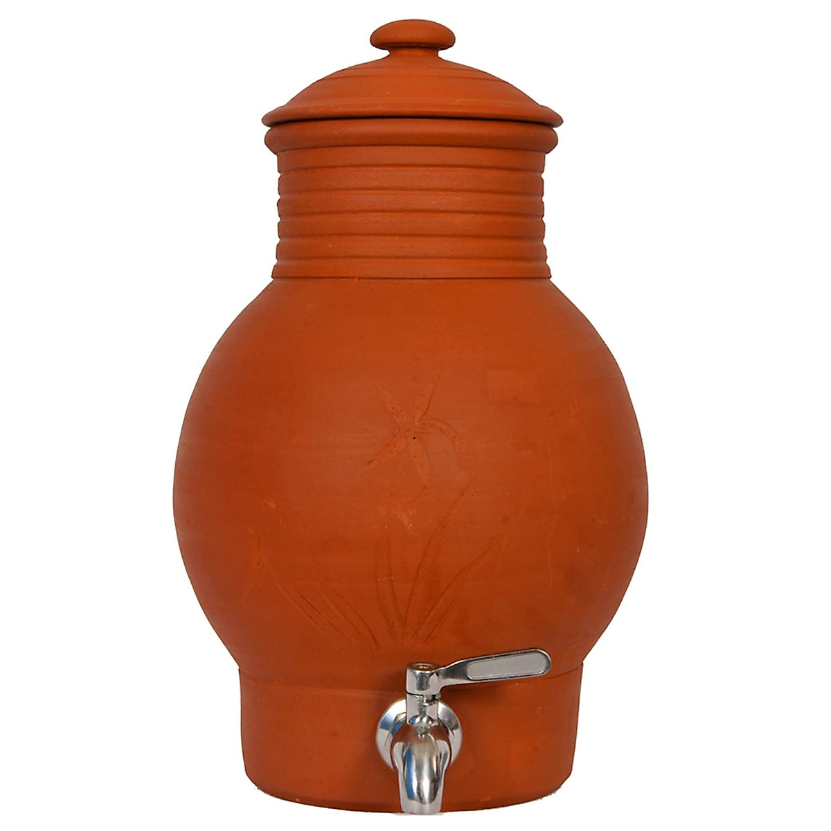 Village Decor HandMade Earthen Clay Water Pot Water Dispenser with Stainless Steel Faucet Spigot | Capacity 135 oz 4000 ml