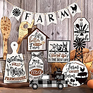 14 Pieces Farmhouse Tiered Tray Decor Home Tiered Tray Decor Rustic Wooden Home Decor Wood Bead Garland with Tassel Mount Window Frames Decor for Farmhouse Home Kitchen Shelf(Farm Style)