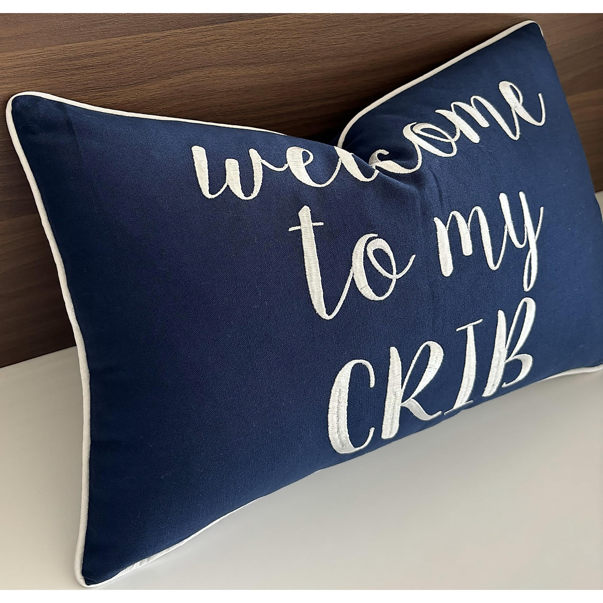 Rudransha Welcome to My Crib Embroidered Lumbar Accent Throw Pillow Cover - Nursery Decor - 12x18, Navy Blue