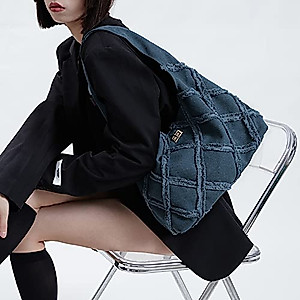 Chloe soo Large Shoulder Bag for Women Quilted Distressed Jean Denim Purse Tote Bag Work Bags Designer Handbag 45