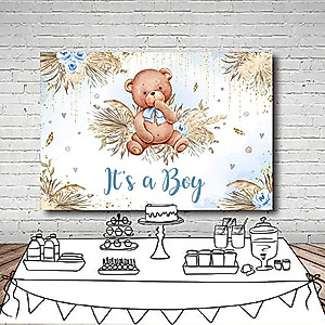 MEHOFOND Boho Bear Baby Shower Backdrop for Boy Baby Shower Party Decorations Bohemian Pampas Gass It's a Boy Baby Shower Photography Background Gold Glitter Dots Decor 7x5ft