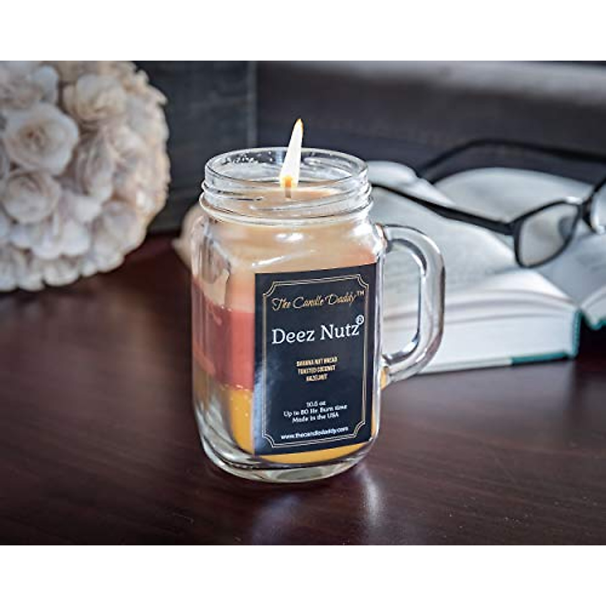 Deez Nutz Scented Candle - Banana Nut Bread, Toasted Coconut, Hazelnut Scented Triple Layer Candle - 10.5 oz Mason Jar Candle - Funny Gag Joke Candle Poured in Small Batches in USA- The Candle Daddy
