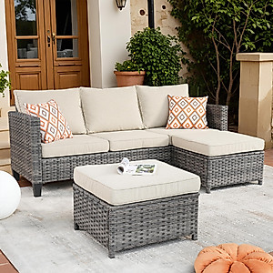 ovios Patio Furniture 3-Pieces Set, Modern All Weather Wicker Rattan Sofa Couch for Yard Porch, Beige Cushion
