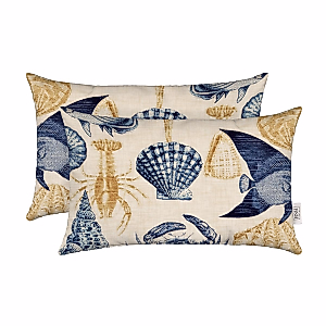 RSH DECOR: Lumbar Throw Pillows Set of 4 | 20” x 12" | All-Weather Spun Fabric | Water and Fade-Resistant | Outdoor Support Pillows for Patio Furniture | Blue Tan Crab