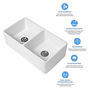 33 White Double Bowl Kitchen Sink - Lordear 33 Inch Farmhouse Kitchen Sink Double Bowl 50/50 White Fireclay Ceramic Porcelain Apron Front Farm Double Basin 50/50 Farmer Kitchen Sink Basin