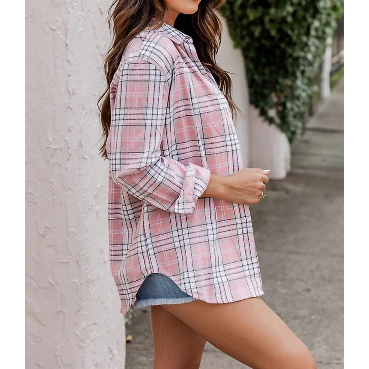 NUOREEL Womens Plaid Shirts Button Down Flannel Shirts Boyfriend Long Sleeve Shirts (Medium, Pink1)