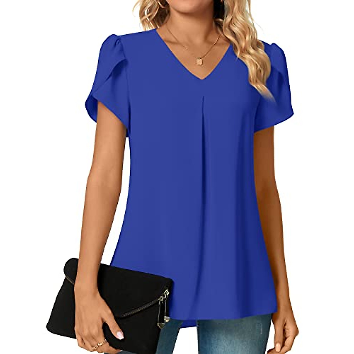 Anyally Womens Summer Dressy Chiffon Blouses V Neck Petal Short Sleeve Tunic Tops for Leggings Casual T-Shirts, L Royal Blue