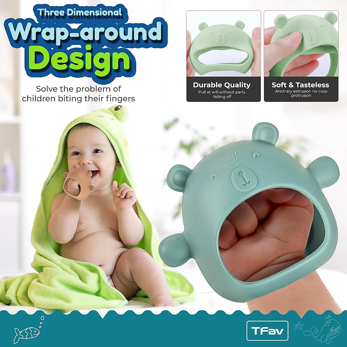 TFav Baby Bear hand Teether -3 pc Blue, Brown & Green -Silicone Teething mitt for 0-6 Months Boys -Hand Pacifier That Fits on Fist -Wearable Gloves Chew Toy -Calm Down The Fussy Baby