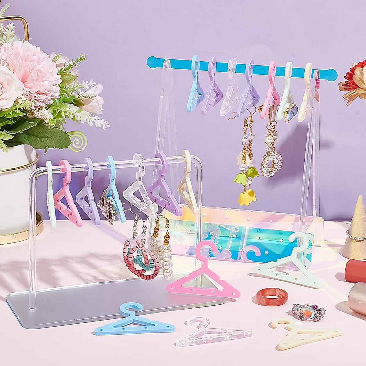 PH PandaHall 42pcs Clothes Hanger Earring Holder Necklace Mini Hanger Rack Jewelry Display Dangle Earring Hanging Organizer Acrylic Ear Studs Display Rack for Retail Show Personal Exhibition