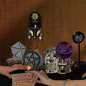 CREATCABIN Small Crystal Shelf Display Sun Moon Star Wooden Crystal Holder Stand with 3Pcs C1 Gemst1 Pendulum Chains Magical Witch Boho Altar for Hanging Crystals St1 Wall Decor 3.03 x 7.01inch
