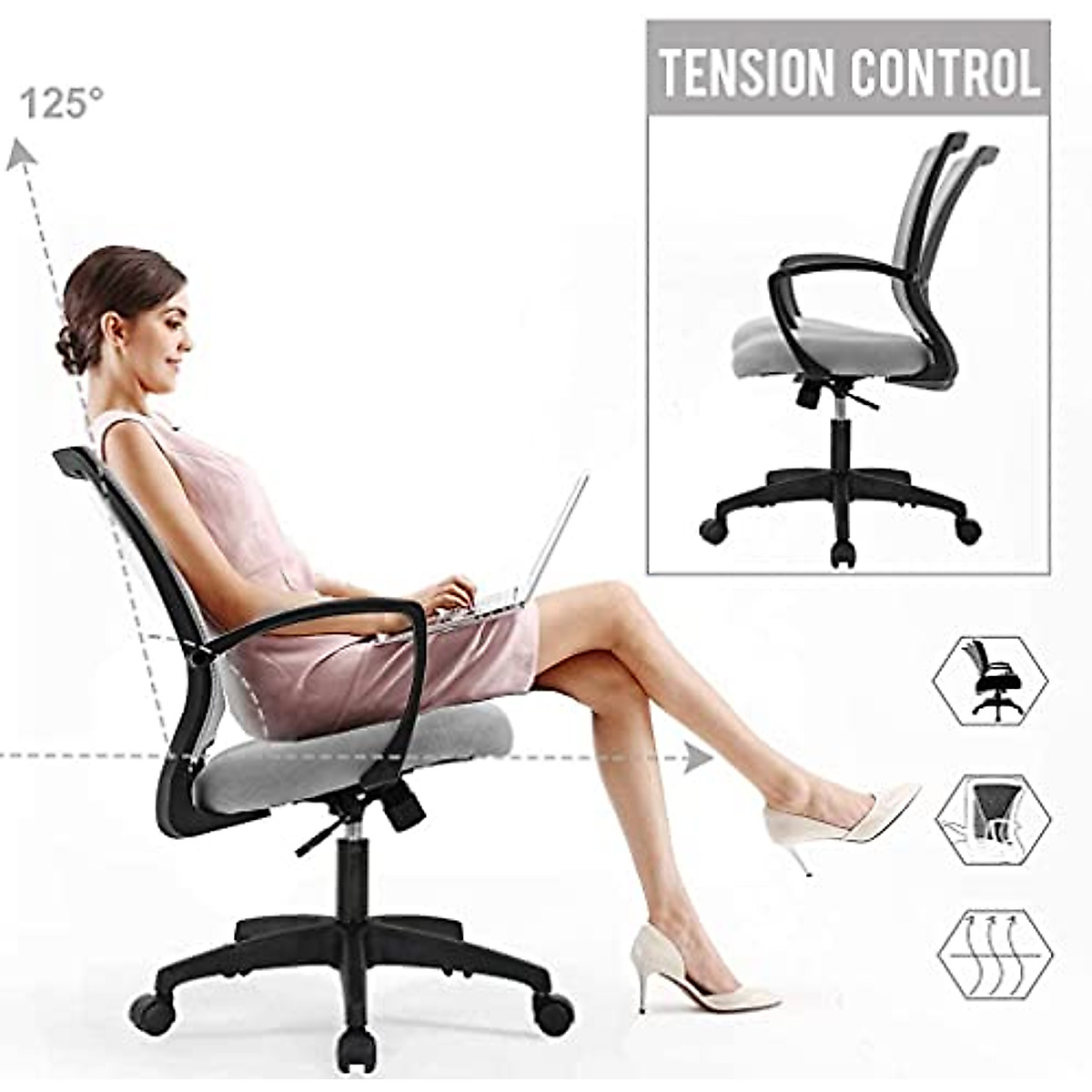 Ergonomic Adjustable Office Chair Desk Chair Mesh Computer Chair Swivel Mesh Chair Mid Back with Lumbar Support&Armrests,Executive Task Chair Rolling Swivel Chair for Work Gaming Home(Grey)