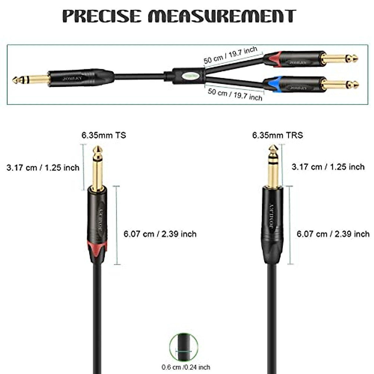 JOMLEY 1/4 inch TRS Stereo to Dual 1/4 inch TS Mono Insert Cable, TRS Stereo Y Splitter Insert Cable, 6.35mm TRS Male Stereo to Dual 6.35mm TS Male Mono Breakout Cable－6.6 Feet