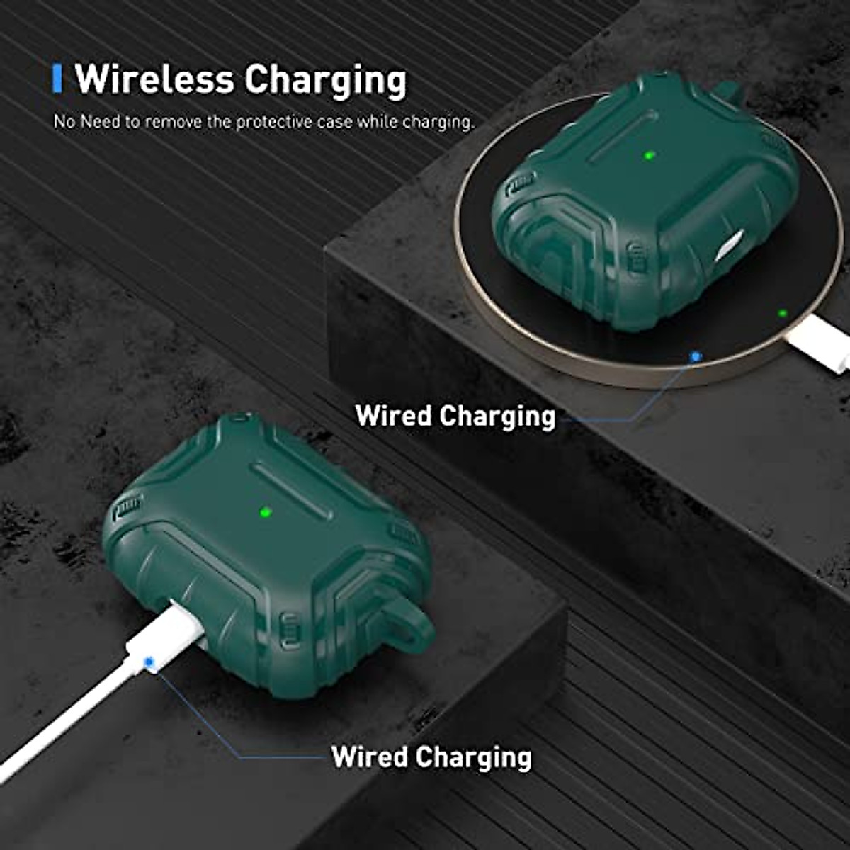 Valkit Compatible Airpods Pro Case Cover for Men, Hard Shell Rugged Shockproof Case Cool Armor Air Pod Pro Case Protective Cover Women with Keychain iPod Pro Skin for Airpod Pro 2019, Green