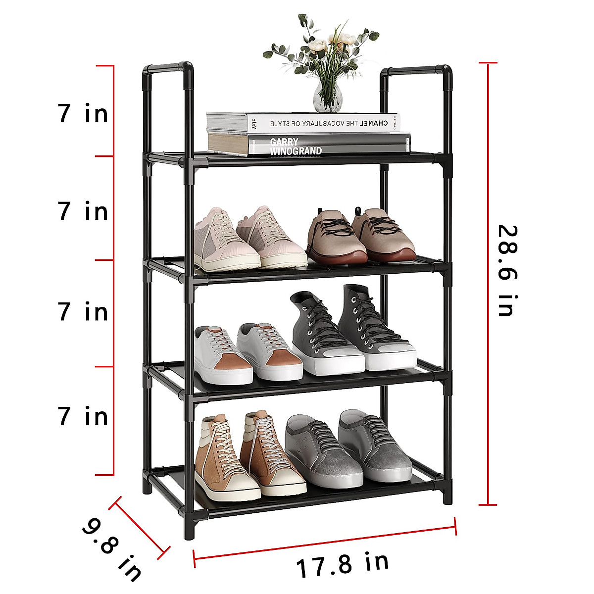 COAPUKT 4-Tier Small Shoe Rack, Narrow Kids Shoe Rack Stackable Organizer Storage,Sturdy Shoe Stand For Closet Entryway Hallway((4 Tiers-Black)