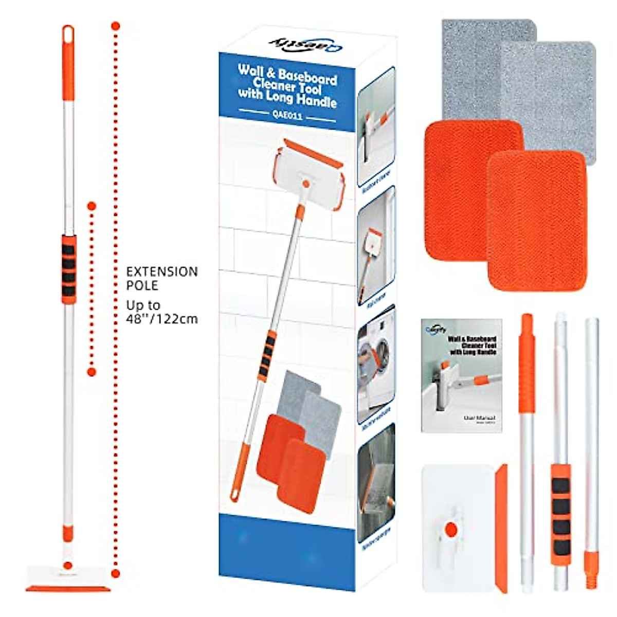 Qaestfy Wall & Baseboard Cleaner Mop Tool with 49'' Long Handle for Cleaning Window Floor Skirting Board Ceiling Bathtub Tub Tile Scrubber Brush Duster with 4 Reusable Pads