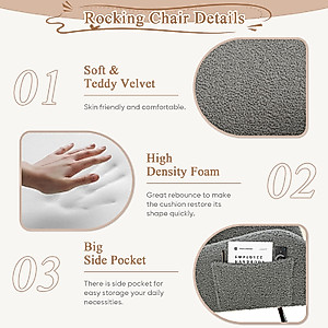 KINFFICT Accent Rocking Chair, Tufted Upholstered Glider Rocker for Nursery, Comfy Armchair with Side Pockets, Modern Lounge Arm Chair for Living Room, Bedroom (Upgraded Teddy Gray)