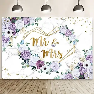 AIBIIN 7x5ft Mr and Mrs Violet Wedding Backdrop for Bridal Shower Purple and White Flowers Photography Background Hearts Geometric Couple Wedding Party Decorations Bride to Be Engagement Banner Props
