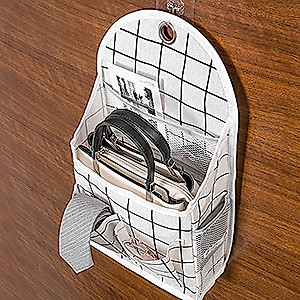 Wall Hanging Storage Bag, Waterproof Over The Door Closet Organizer Hanging Pocket Linen Cotton Organizer Box Containers for Bedroom, Bathroom, Kitchen, Office (Black Grid)