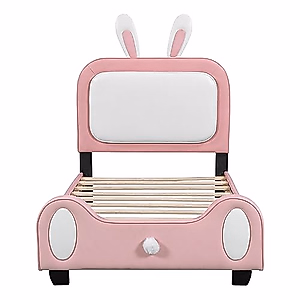 CJLMN Upholstered Rabbit Shaped Princess Bed Pink Platform Bed, Twin Size Wood Bed Frame with Bunny Ears Headboard and Bunny Tail Footboard, Kids Bedroom Furniture Fun Cute Rabbit Bed
