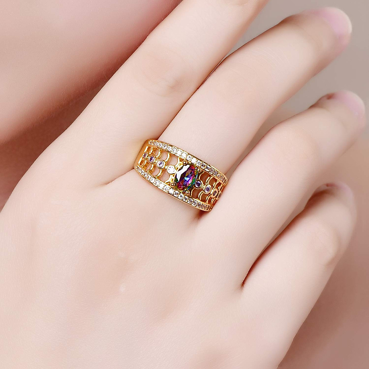 Narica Yellow Gold Plated Women's Vintage Oval Cut Created Blue Sapphire Openwork Ring Wide Band CZ Cubic Zirconia Filled for Mom 9#