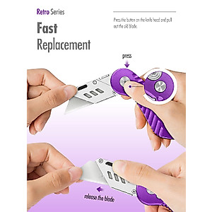 FantastiCAR Folding Utility Knife, Sturdy Metal Box Cutter with Extra 5 Blades, Quick Blade Change, and Preminium Gift Packaging, for Cardboard Opener, Paper Cutter (Retro Purple)
