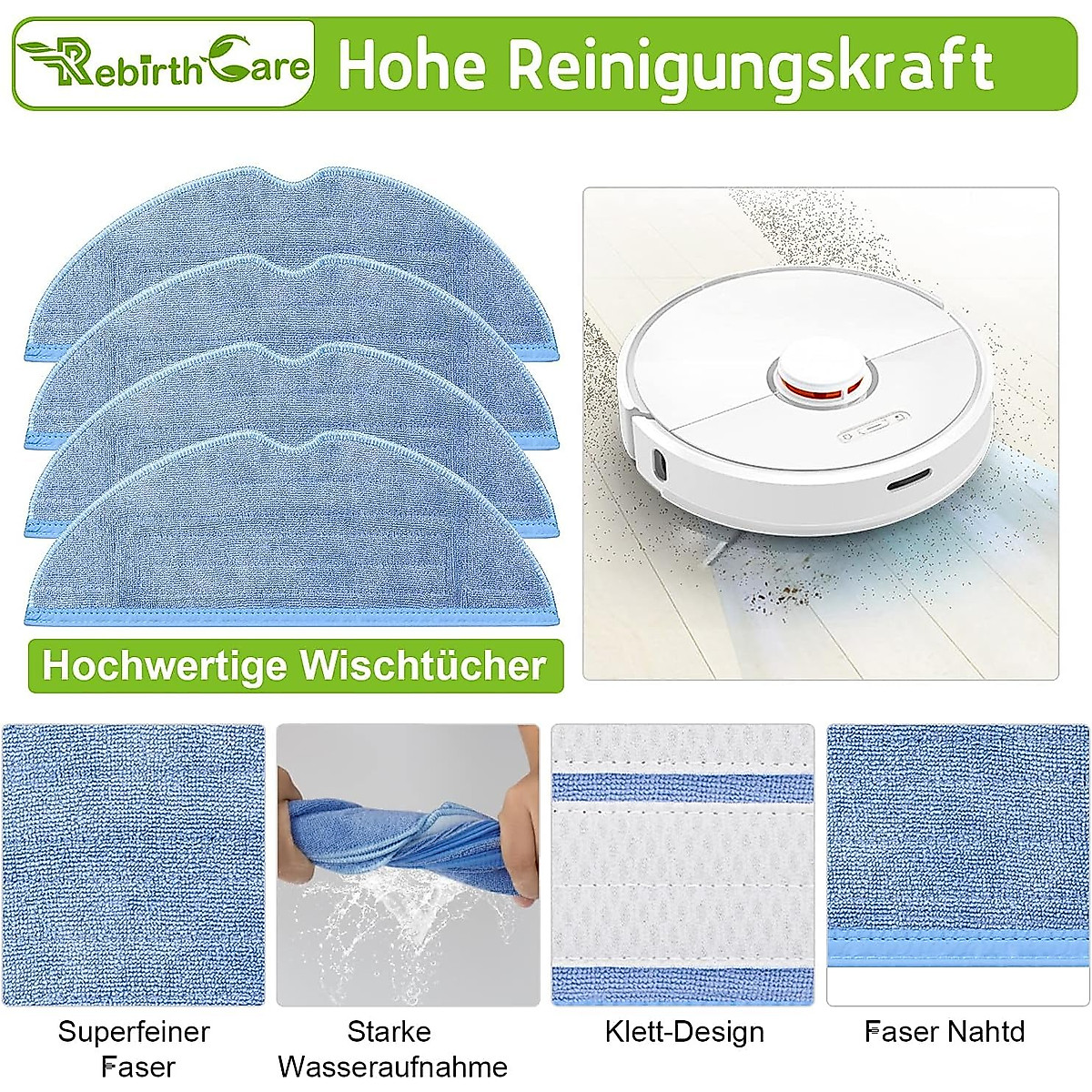 Rebirthcare Wipes Replacement Mop for S7 Vacuum Cleaner S7 Plus S7 MaxV S7 MaxV Plus S7 MaxV Ultra S7 Pro Ultra T7 T7 Plus T7S T7SPlus Reusable Hard Floor Cloth Expert Wet Microfiber Soft Pad, 5 Pack