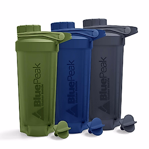BluePeak Protein Shaker Bottle 28 oz with Twist Cap, Strong Loop Top, BPA Free, Dishwasher Safe, Shaker Balls Included - On-The-Go Large Protein Shakers (3 Pack - Green, Blue, Gray)