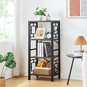 Freexployer Bookshelf, Vintage Industrial 4 Tier Bookshelf, Freestanding Narrow Bookcase with Rustic Wood and Metal, Small Bookshelf for Home Office, Bedroom & Living Room, Retro Brown