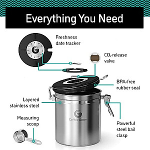 Coffee Gator Stainless Steel Coffee Grounds and Beans Container Canister with Date-Tracker, CO2-Release Valve and Measuring Scoop - Large, 22oz, Gray