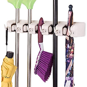 Xiloccer Renatone Mop and Broom Holder Wall Mount, Heavy Duty Organizer Storage Hooks Mounted, Commercial Rack 5 Slots & 6 Hooks, Hanging Tools for Home, Garden, Garage, White, 15 x 3.5 x 2.5 inches