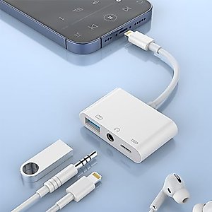 USB + 3.5mm AUX Adapter for iPhone/iPad, USB Camera Adapter and 3.5mm Headphone Audio Jack Adapter with iPhone Charger Splitter, 3 in 1 USB OTG Adapter for iPhone iPad,USB Flash Drive, Keyboard, Mouse