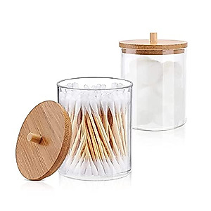 BAOFUFU Qtip Holder Bathroom Organizer Acrylic Apothecary Jars with Bamboo Tray for Cotton Ball Pad Holds Floss Small Items Bamboo Bathroom Accessories Restroom Organization 3Pack