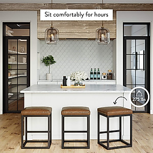 Nathan James Nelson Bar Stool with Leather Cushion and Metal Base, 24", Warm Brown/Black