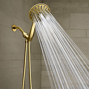 ShowerMaxx, Elite: ImperialShine Gold Finish Hand Held Rain Shower Head, Large 6 inch 6 Spray Settings Handheld Rainfall Showerhead with Long Stainless Steel Hose, (Polished Brass/ImperialShine Gold)