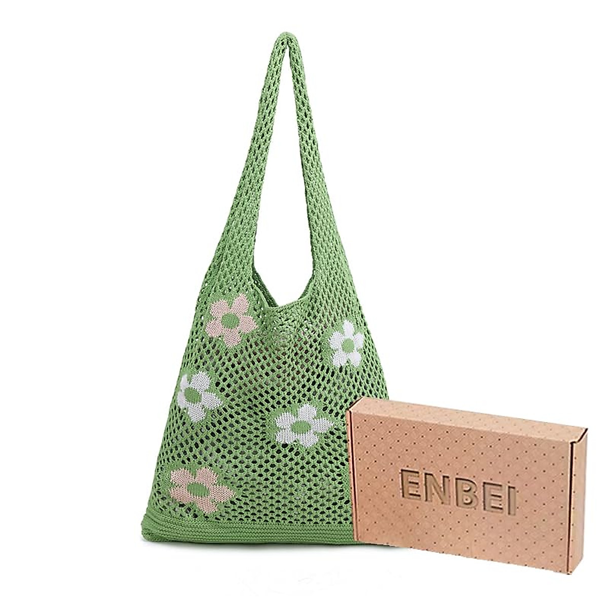 ENBEI Crochet Tote Beach Bag for Women with 6 Flower Pattern, Aesthetic Boho Large Bag, Foldable & Lightweight, Perfect for Beach, Travel, Daily Use & Gift
