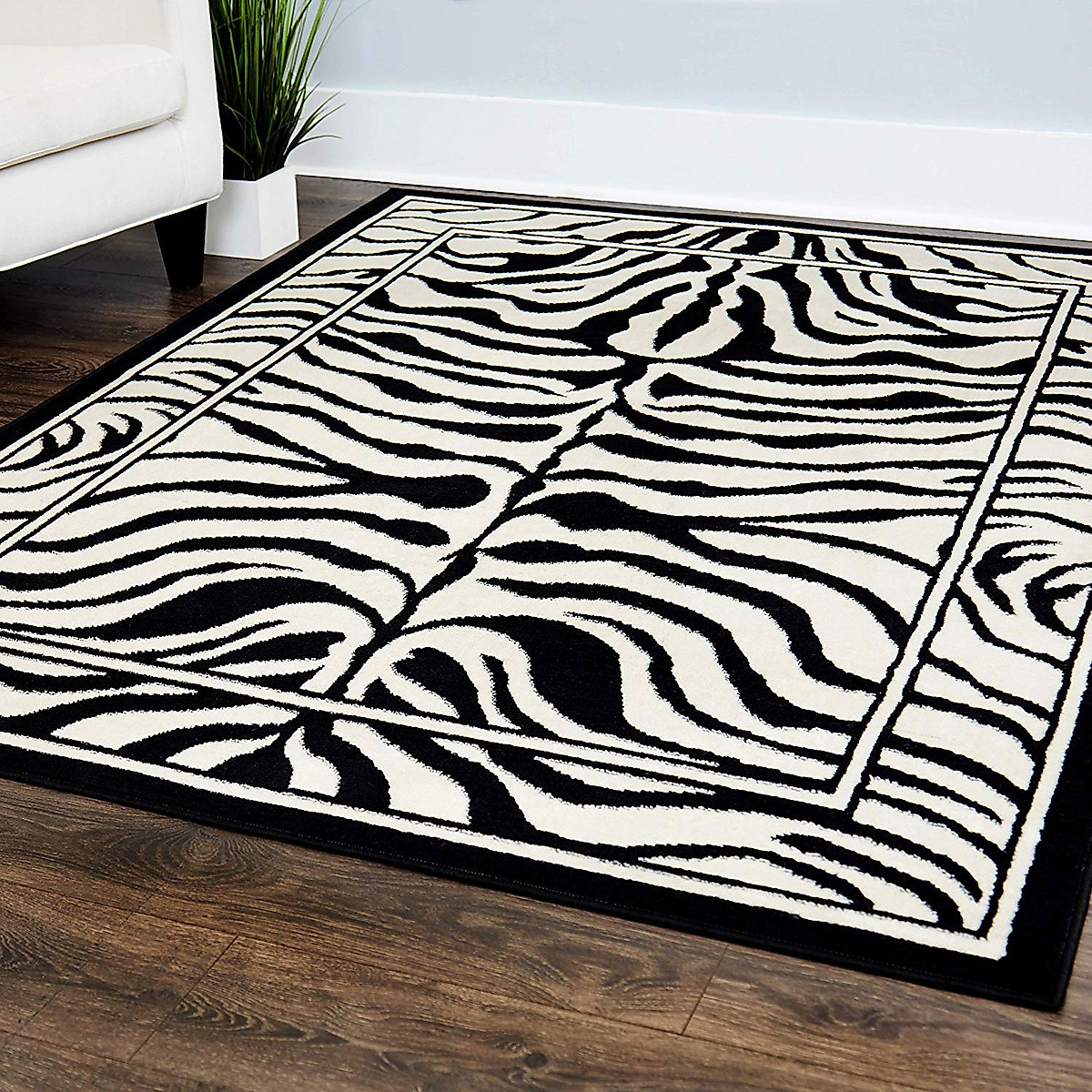 Champion Rugs Zebra Print Rug Contemporary Area Rugs Zebra Rugs Large Zebra Rugs for Living Room Animal Print Rug Black White (5' 3" X 7' 5")