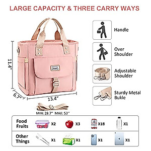 Mcvotcot Lunch Bag for Women, Insulated Lunch Cooler Bag Lunch Box Work, Adult Meal Prep Tote Bag, Super Large Lunch Purse with Side Pockets Detachable Shoulder Strap for Picnic, Boating (Pink)