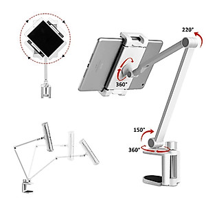 Aluminum Long Arm Tablet Stand Mount Compatible with iPhone/iPad/iPad Mini/iPad Pro 12.9" Any Phone/Tablets 4-13 inch,360° Swivel with Bracket Cradle for Home, Office,Kitchen and Bed-Black