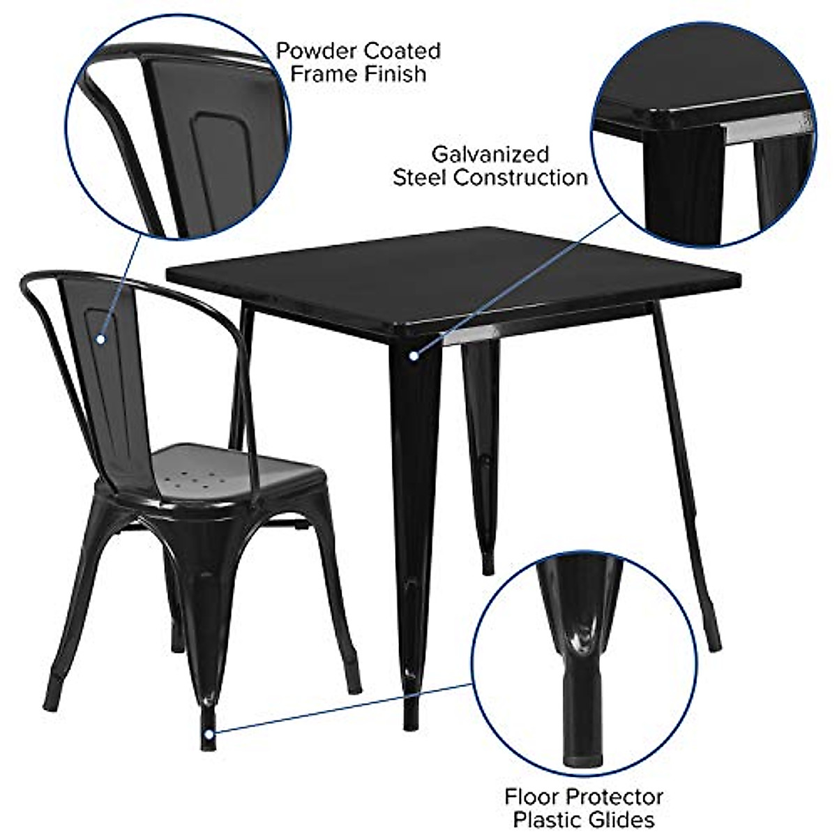 EMMA + OLIVER Commercial 31.5" Square Black Metal Indoor-Outdoor Table Set-4 Stack Chairs
