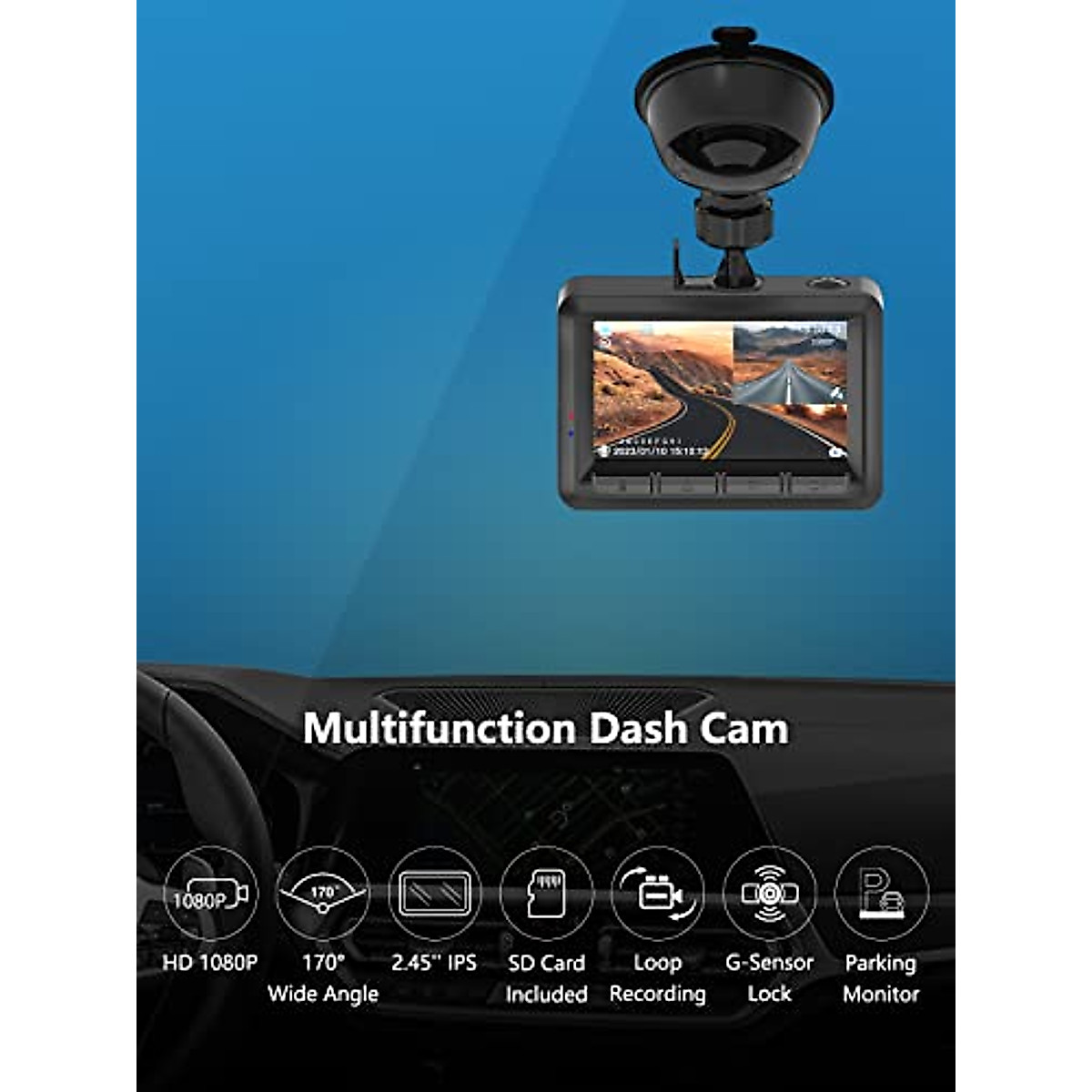 Dash Cam Front and Rear, 1080P Full HD Dash Camera for Cars with 32GB SD Card, 2.45'' IPS Screen, 170°Wide Angle, Night Vision, Parking Monitor, Loop Recording, Motion Detection