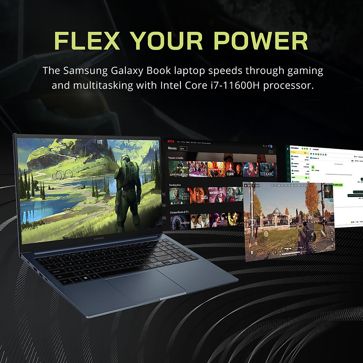 SAMSUNG Galaxy Book Odyssey 15.6" FHD Laptop, Intel Core i7-11600H, 16GB RAM, 512GB PCIe SSD, NVIDIA GeForce RTX 3050 Ti, 720P HD Webcam, Mystic Black, Win 11 Pro, 32GB Hotface USB Card