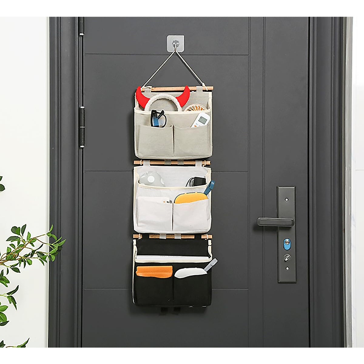 Alunsito Hanging Storage Organiser 2Pcs Waterproof Wall Hanging Bag Linen Cotton Organizer Wall Basket, Closet Hanging Pouch with Hooks for Bedroom Bathroom Kitchen