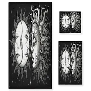 Flradish Sun and Moon Towels 3 Pack Bath Towels for Bathroom Set Soft Cotton Highly Absorbent Lightweight & Quickdry Towel Set 1 Bath Towel,1 Hand Towel,1 Washclothe
