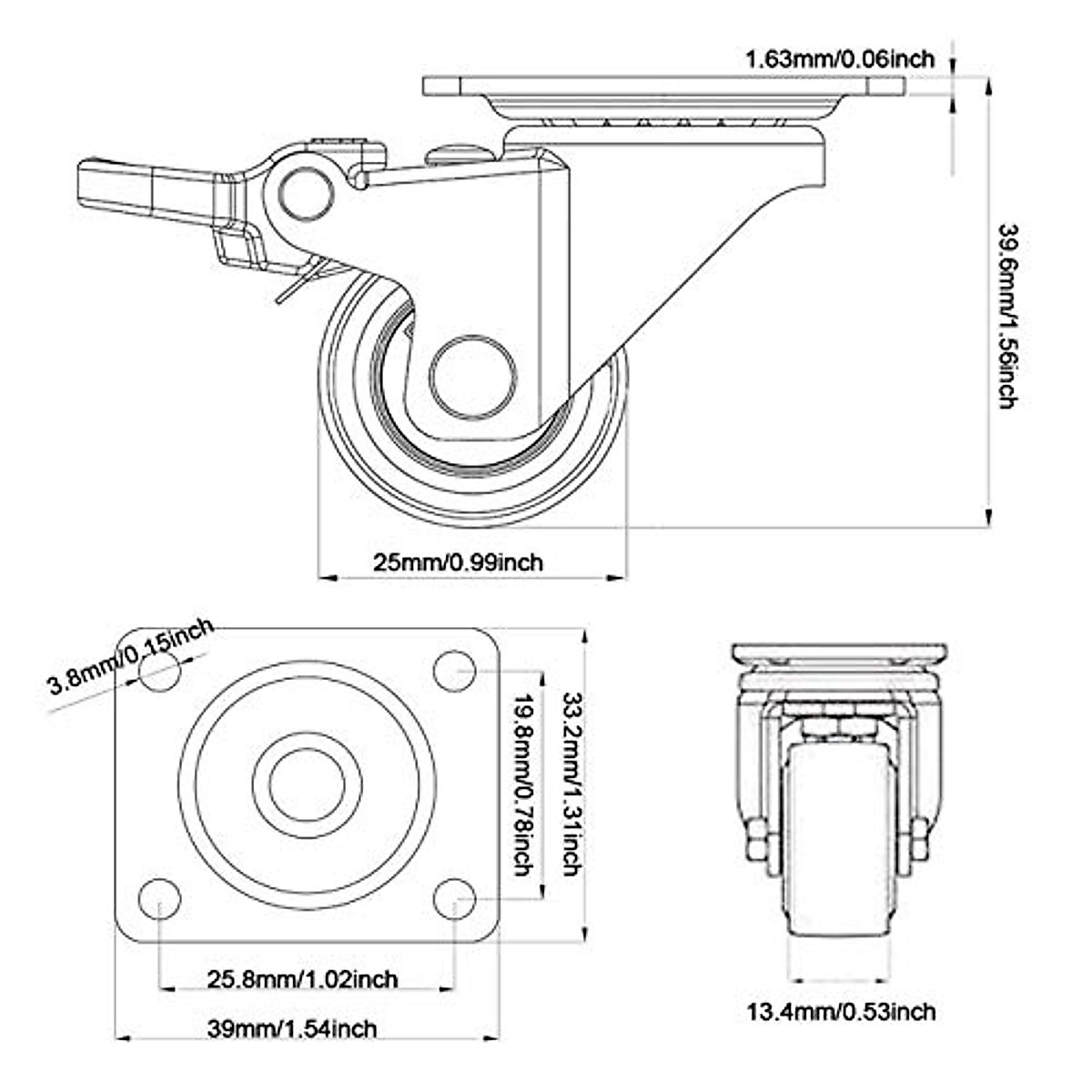 GBL 1" inch Small Caster Wheels with 2 Brakes + Screws - 90Lbs - Low Profile Castor Wheels with Brakes - Set of 4 No Floor Marks Silent Casters - Mini Wheels for Cart