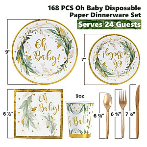 Sage Green Baby Shower Decorations, Oh Baby Theme Neutral Party Tableware Set ; 9" Plates, 7" Plates, Napkins, Cups and Utensils- Floral Gender Reveal Party Supplies for boys & girls -Serve 24